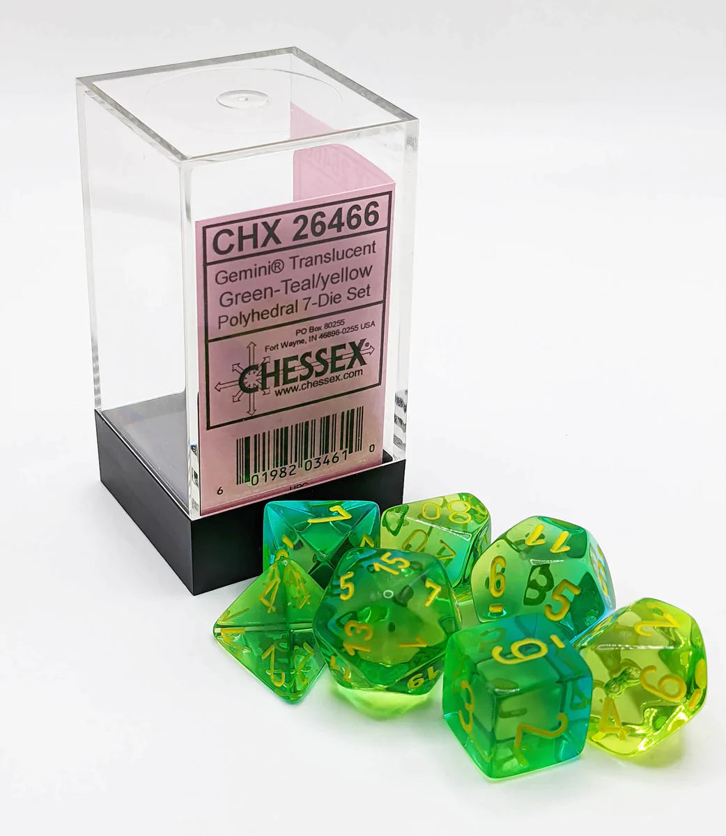 Gemini Translucent Green-Teal/Yellow 7-Die Set| Eugene Toy & Hobby